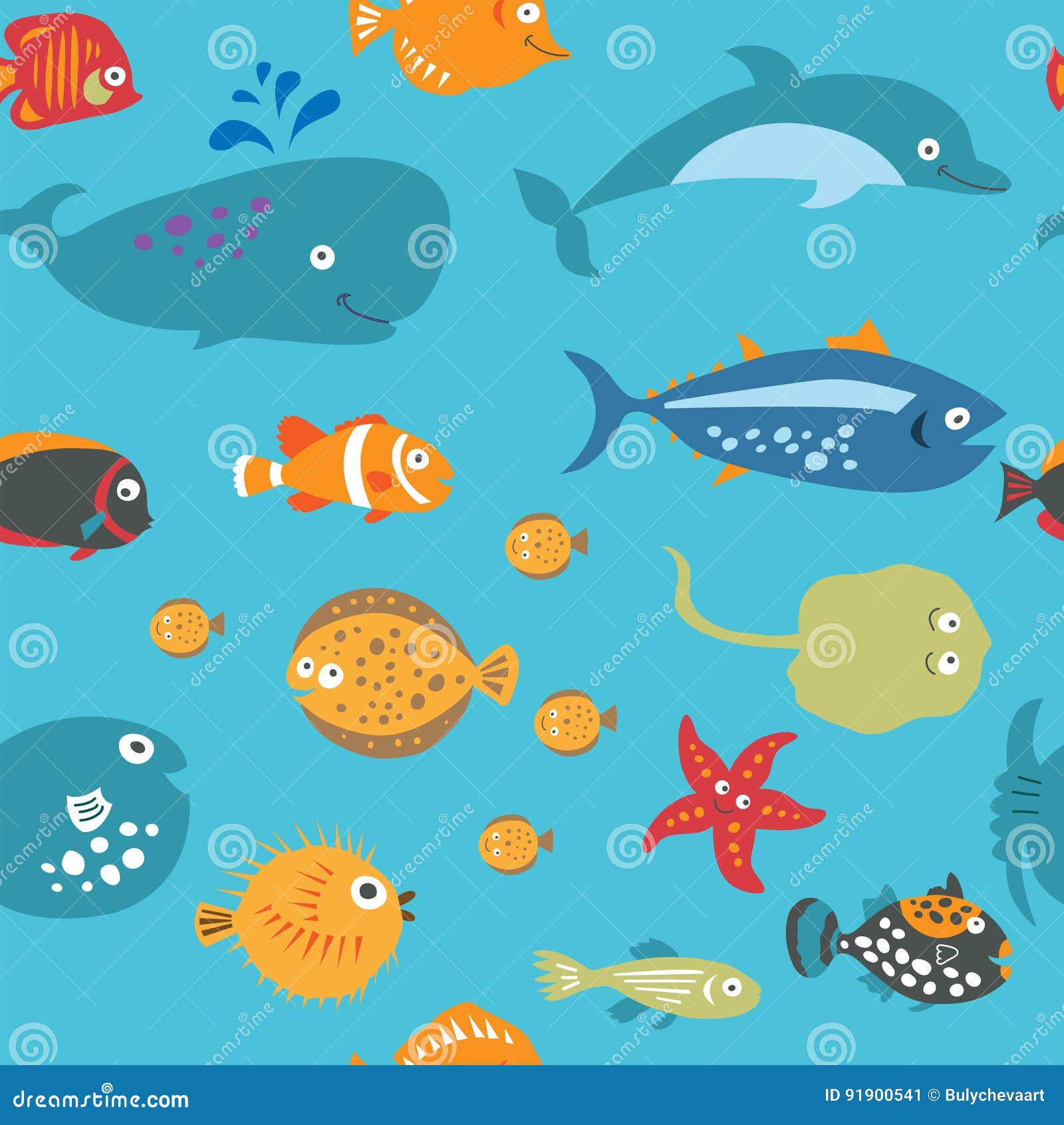 Cute Seamless Texture with Cartoon Fish on a Blue Background Stock ...