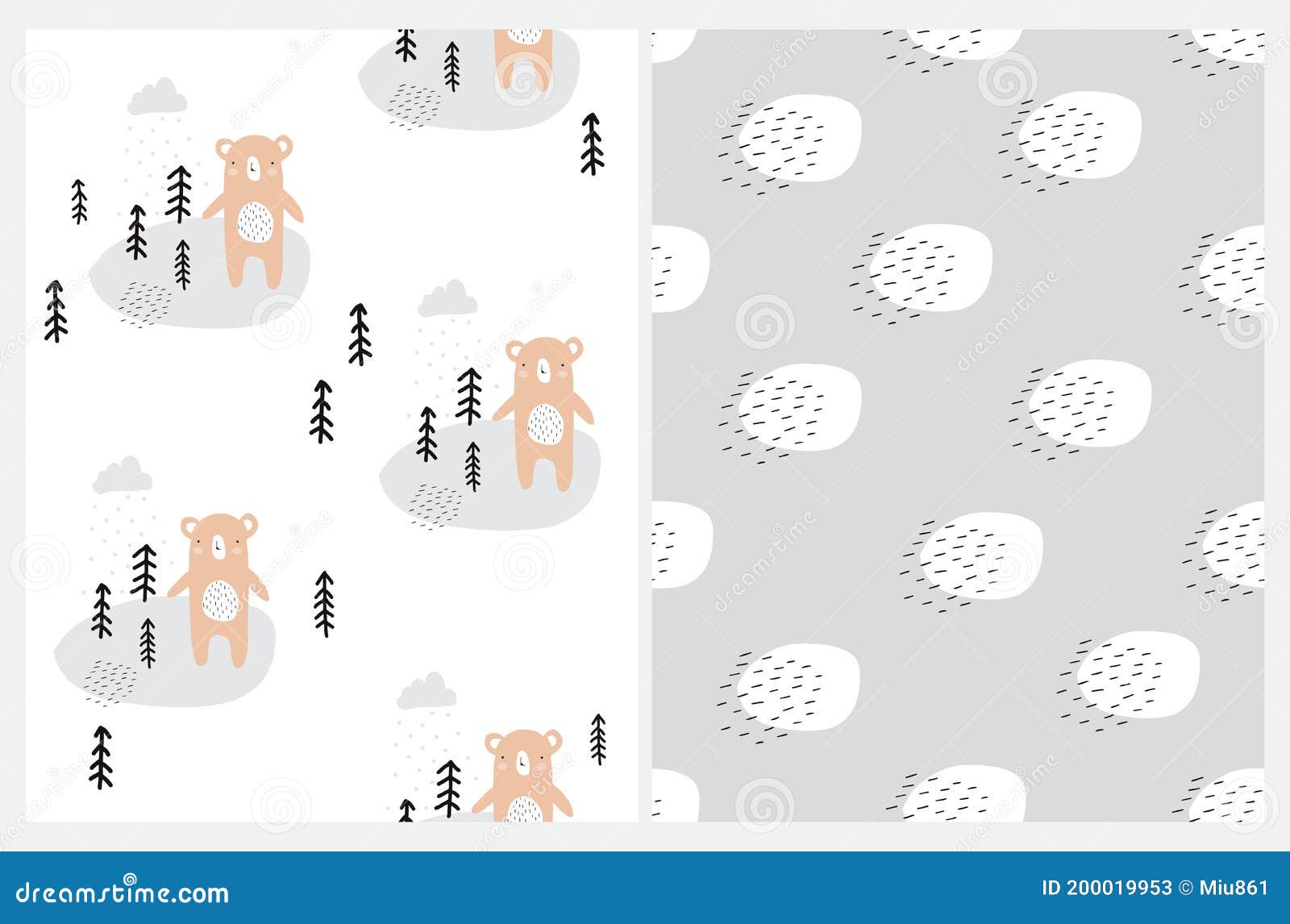 Cute Seamless Vector Patterns Set with Hand Drawn Gray Bears. Stock ...