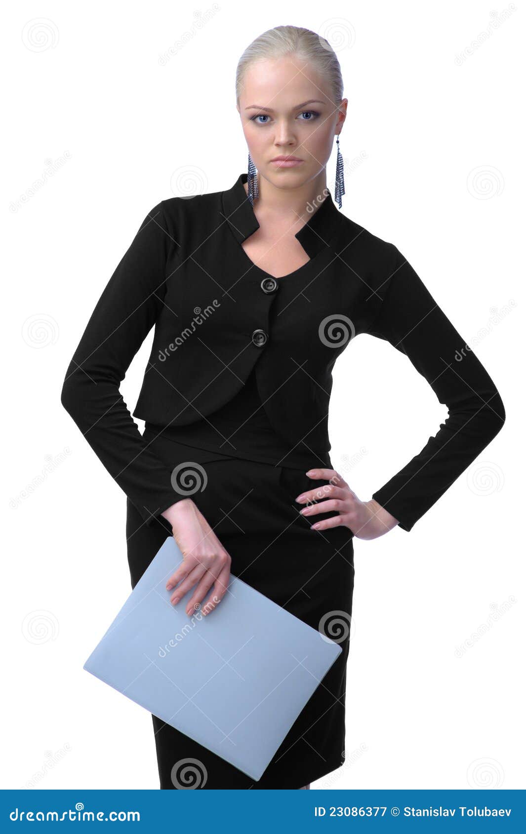 The Secretary With A Folder And Documents Is In The Office. During This ...