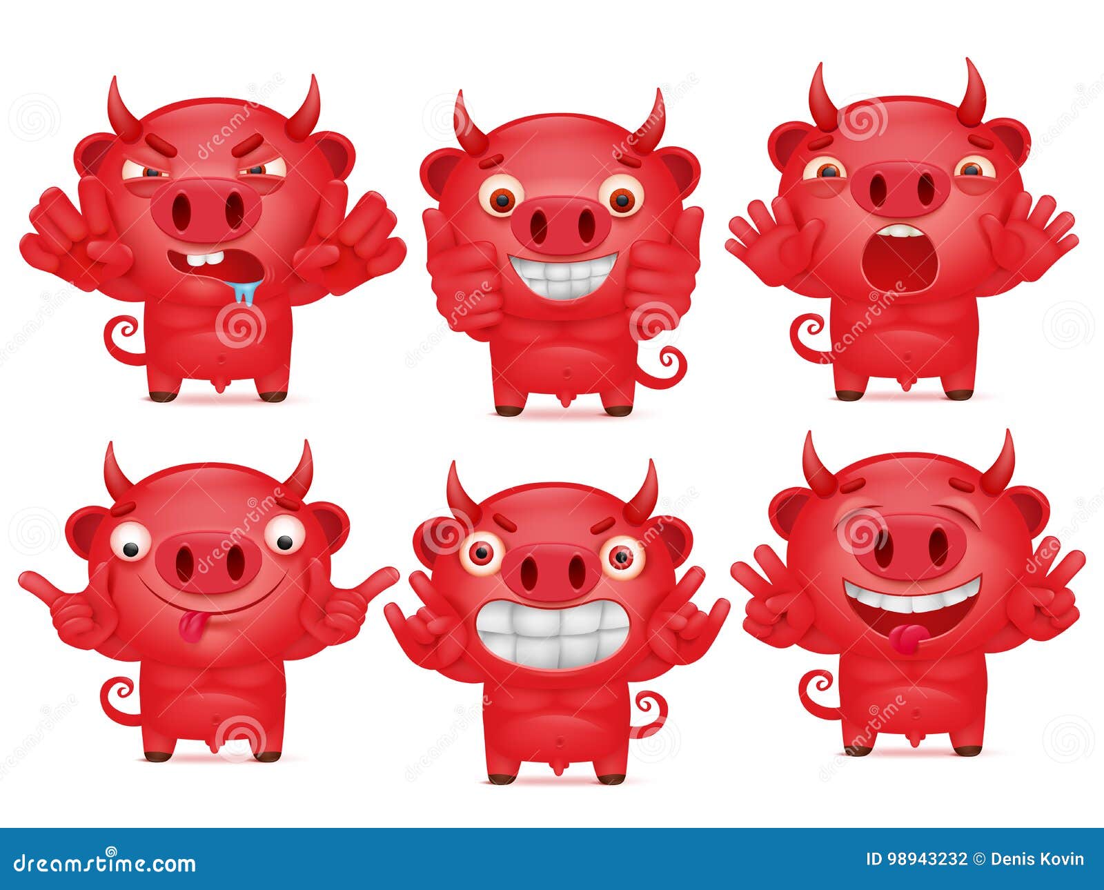 Cute Set of Cartoon Emoticon Red Devil Character Stock Illustration ...