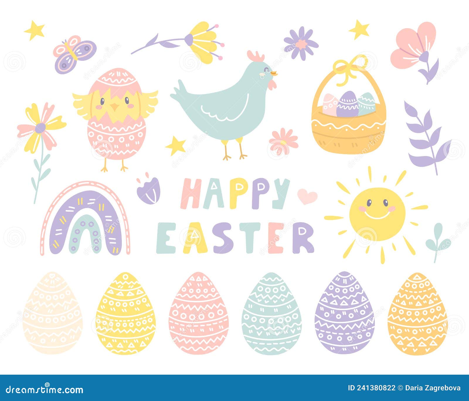 Cute Set of Easter Design Elements with Chicken, Eggs, Flowers, Sun in ...