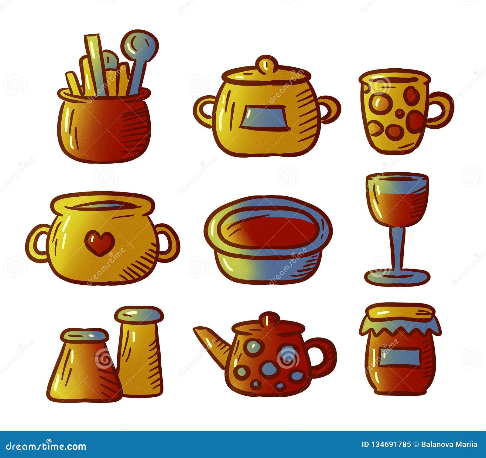 Cute Set of Kitchenware and Utensils Illustrations Isolated on White ...