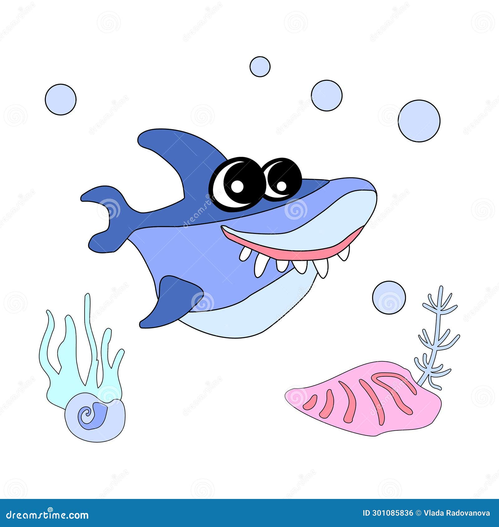 Cute Shark with Shells, Bubbles and Algae in the Ocean. for Posters ...