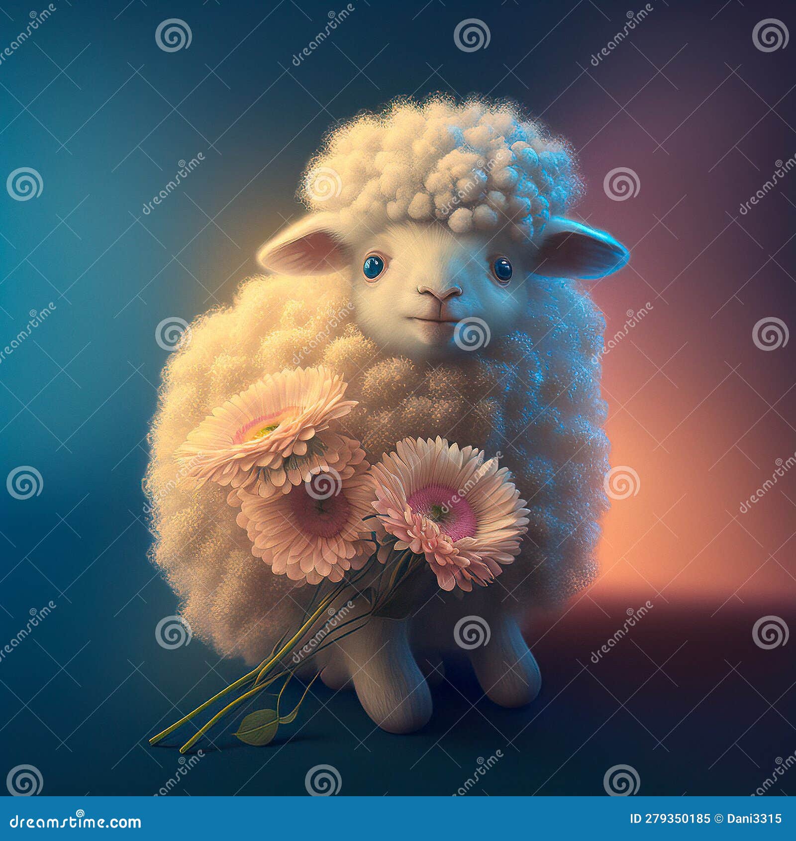 A Cute Sheep with Flowers on a Blissful Background Stock Illustration ...