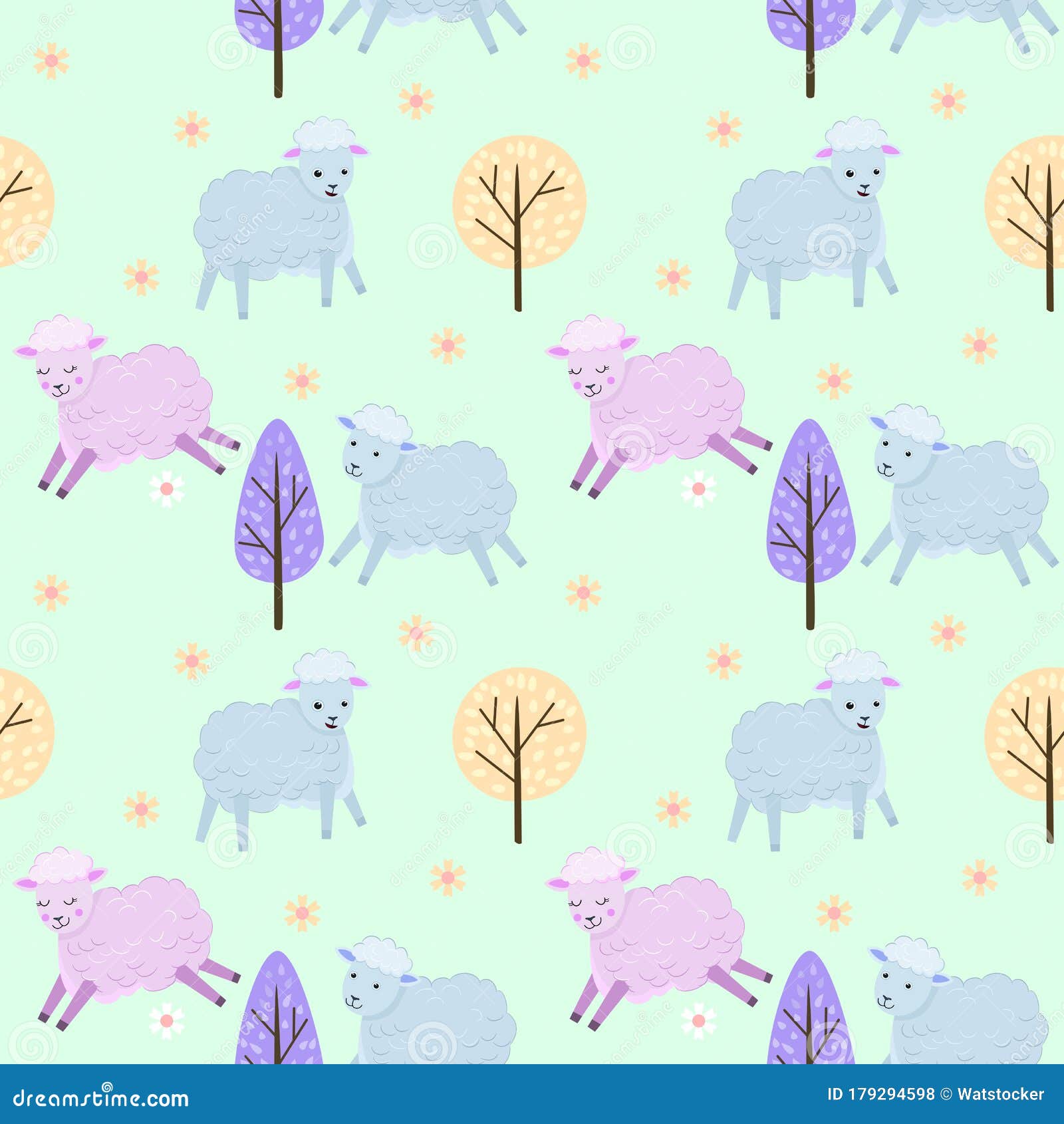 Cute Sheep on Green Background Seamless Pattern Stock Vector ...