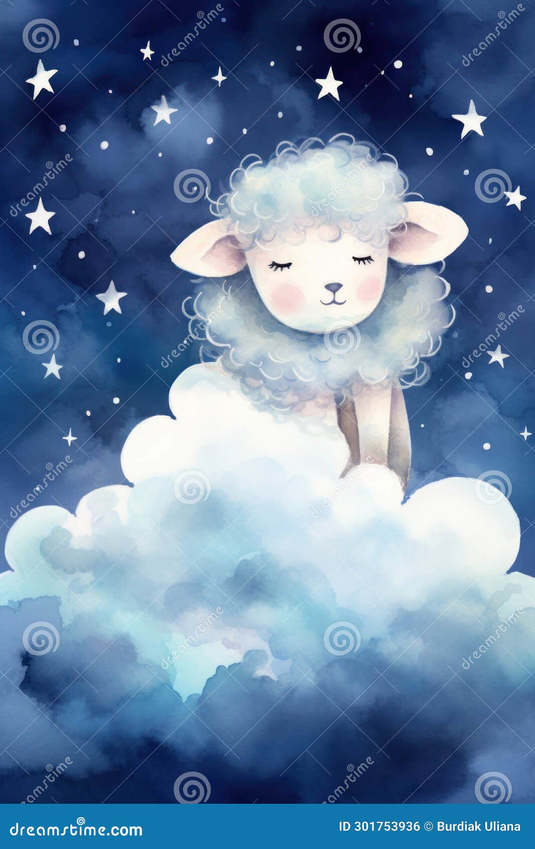 Cute Sheep Sleeping on a Cloud Watercolor Drawing. Generative AI Stock ...