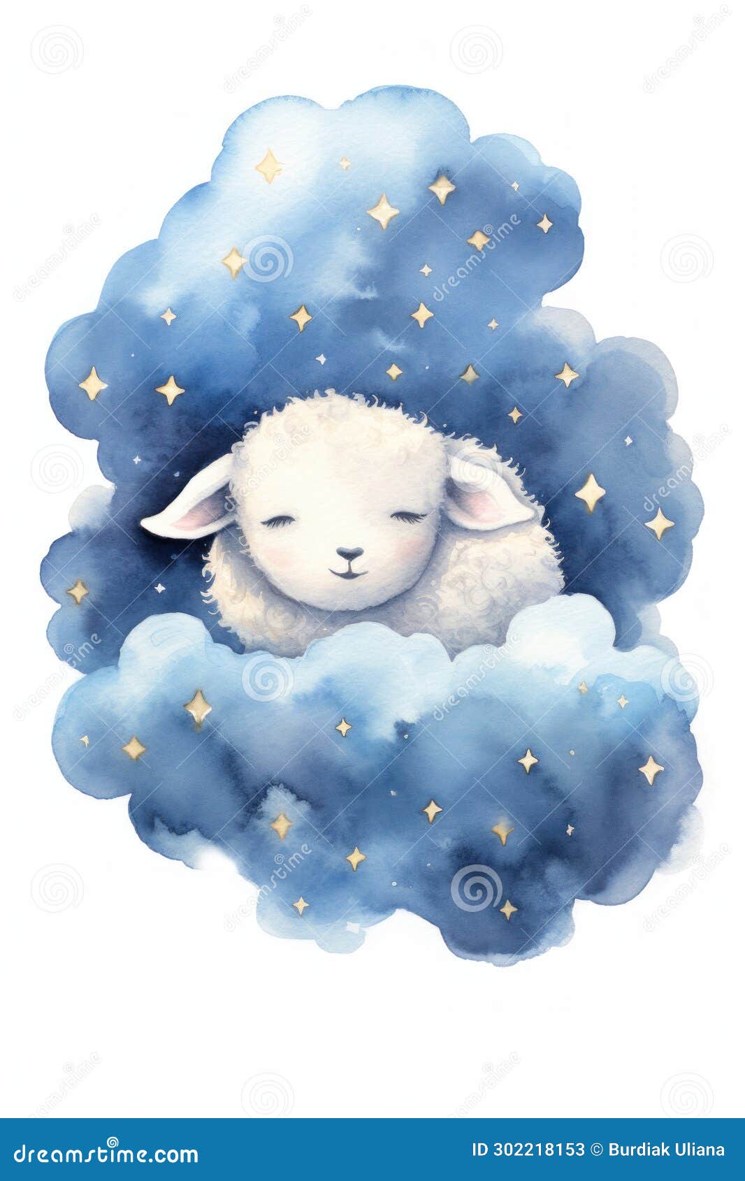Cute Sheep Sleeping on a Cloud Watercolor Drawing. Generative AI Stock ...