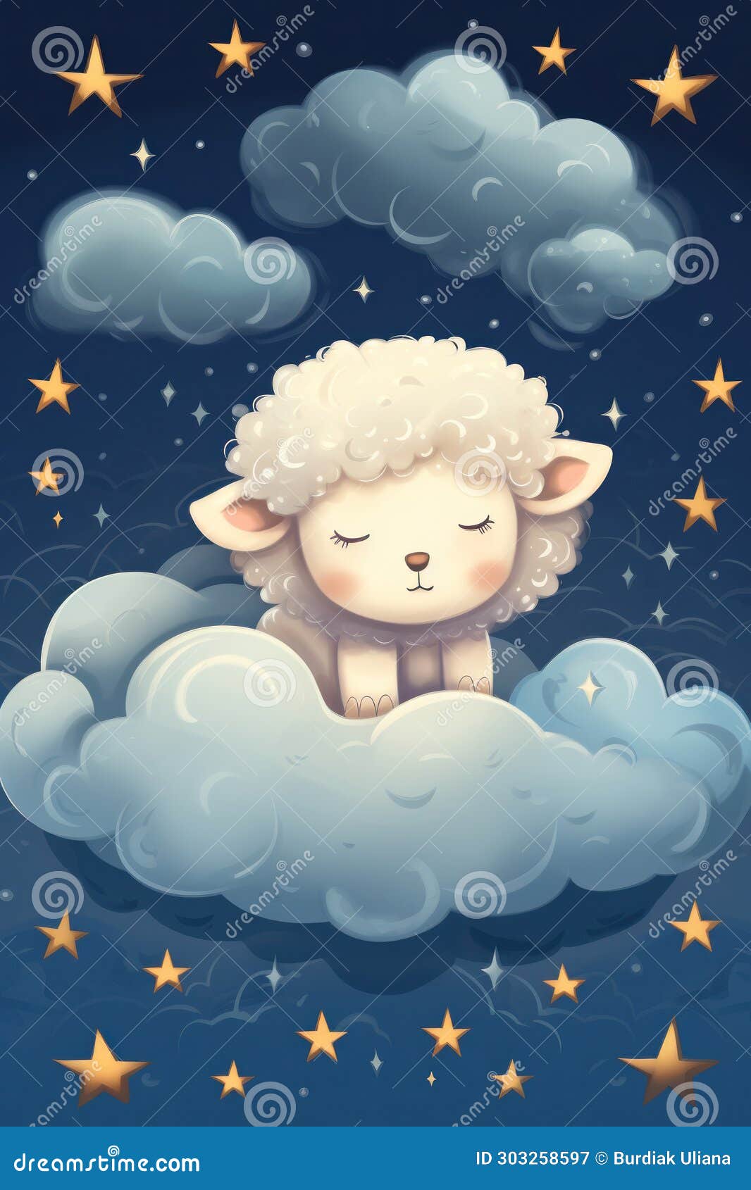 Cute Sheep Sleeping on a Cloud Watercolor Drawing. Generative AI Stock ...