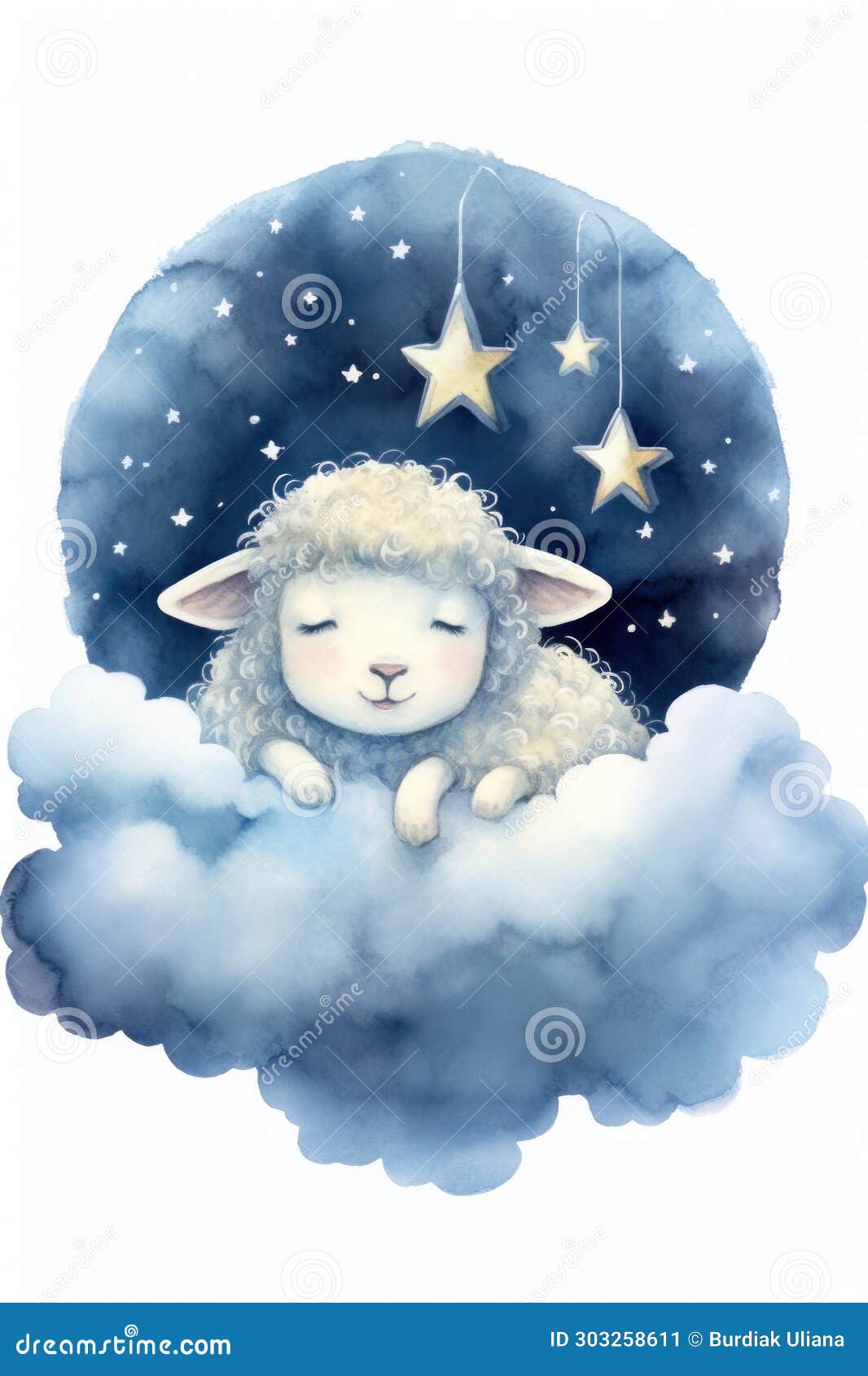 Cute Sheep Sleeping on a Cloud Watercolor Drawing. Generative AI Stock ...