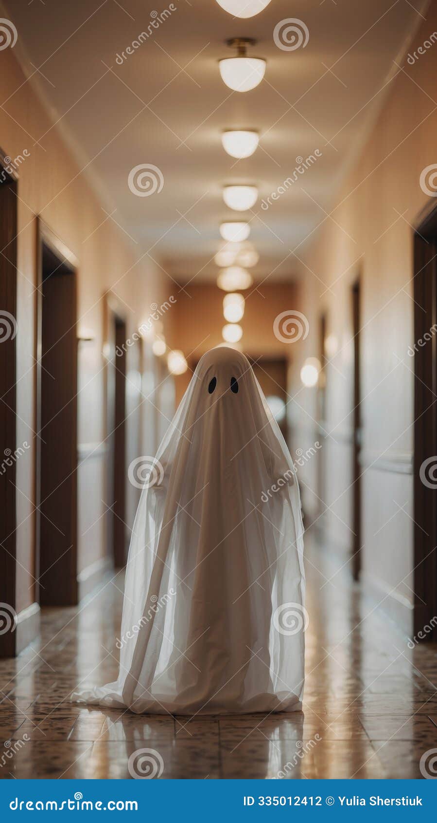 A Cute Sheet Ghost in a Hallway of a Vintage Retro Hotel Corridor ...