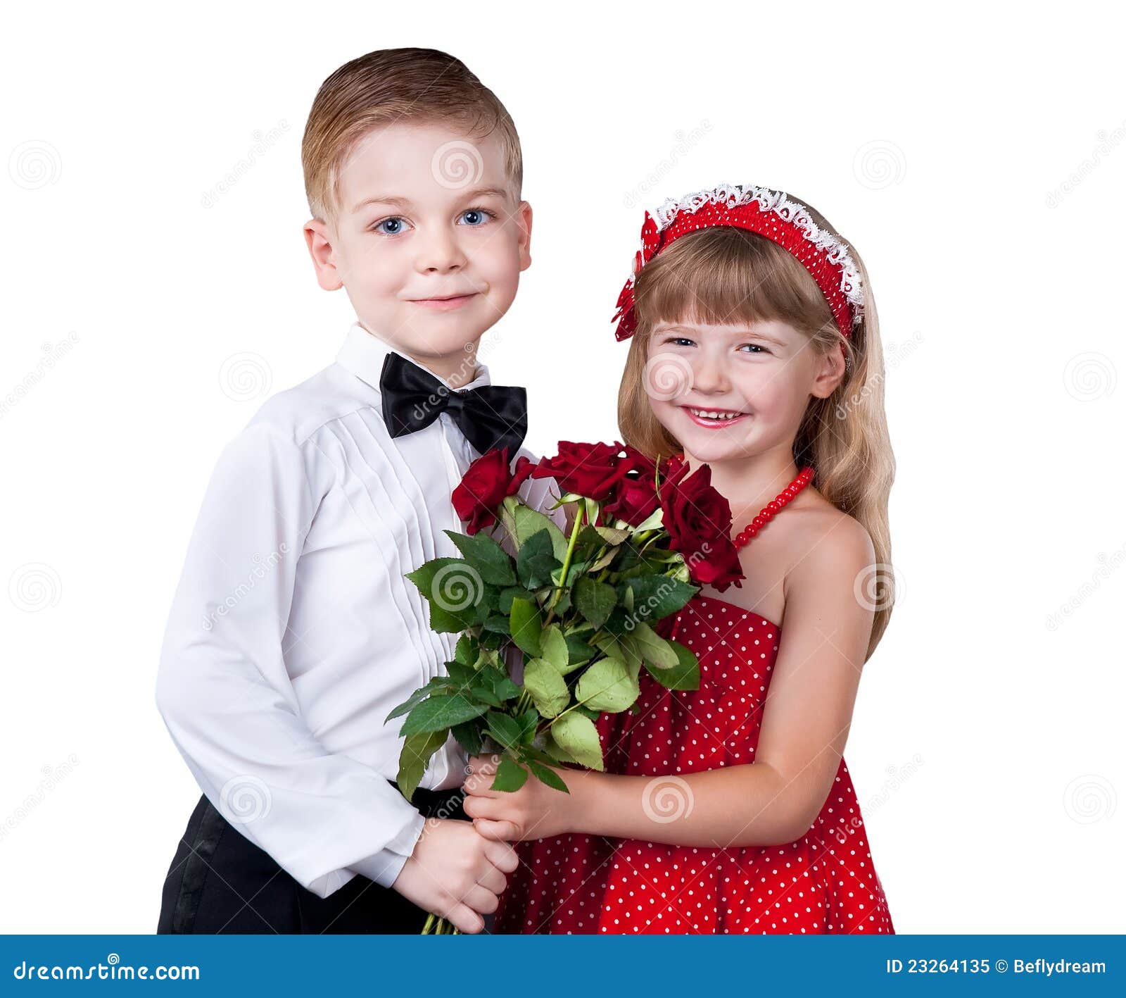 Cute Siblings Greet Smb with Bouquet Isolated Stock Image - Image of ...