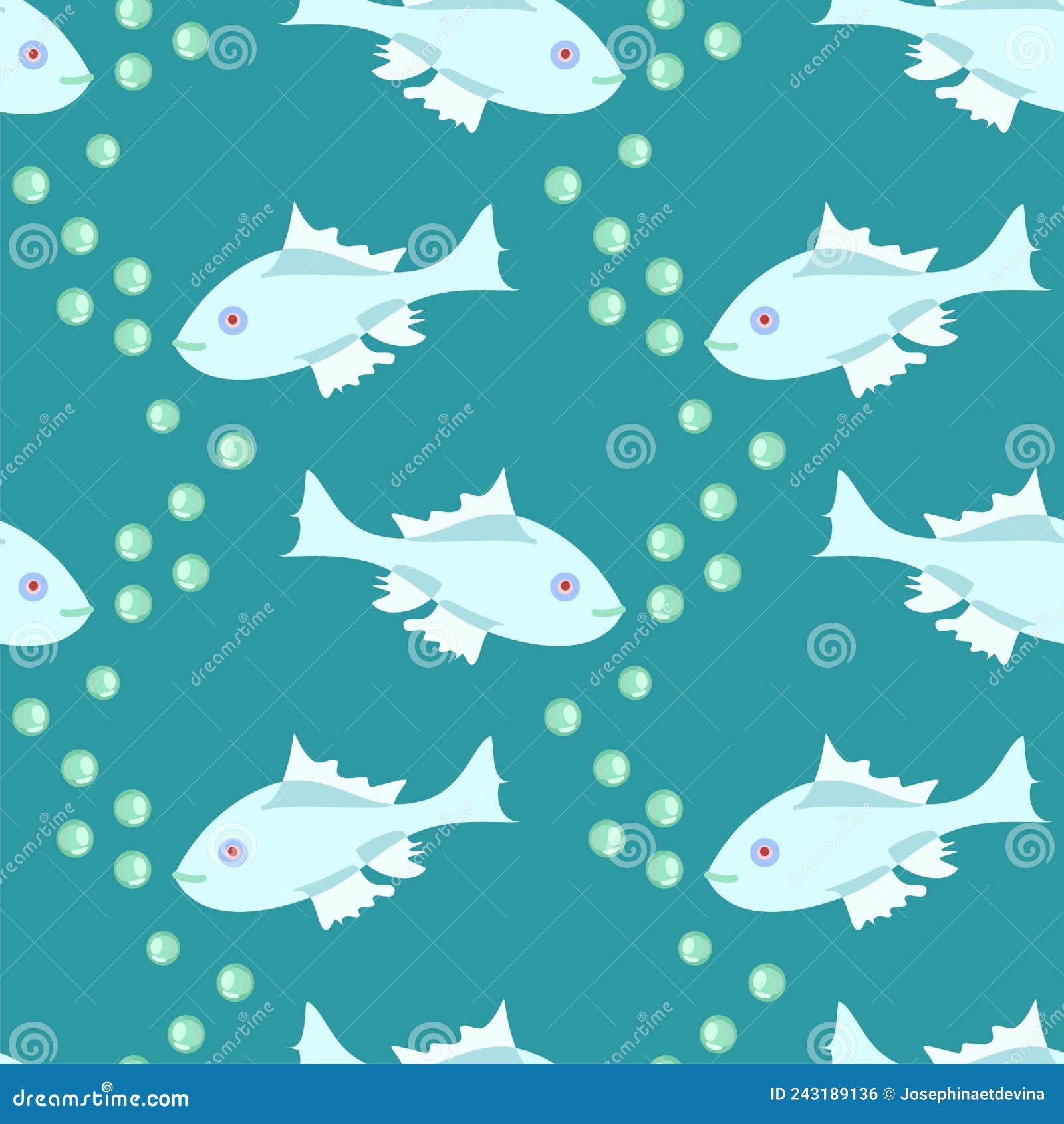 Cute Silver Fish with Bubbles Vector Seamless Repeatable Pattern on a ...