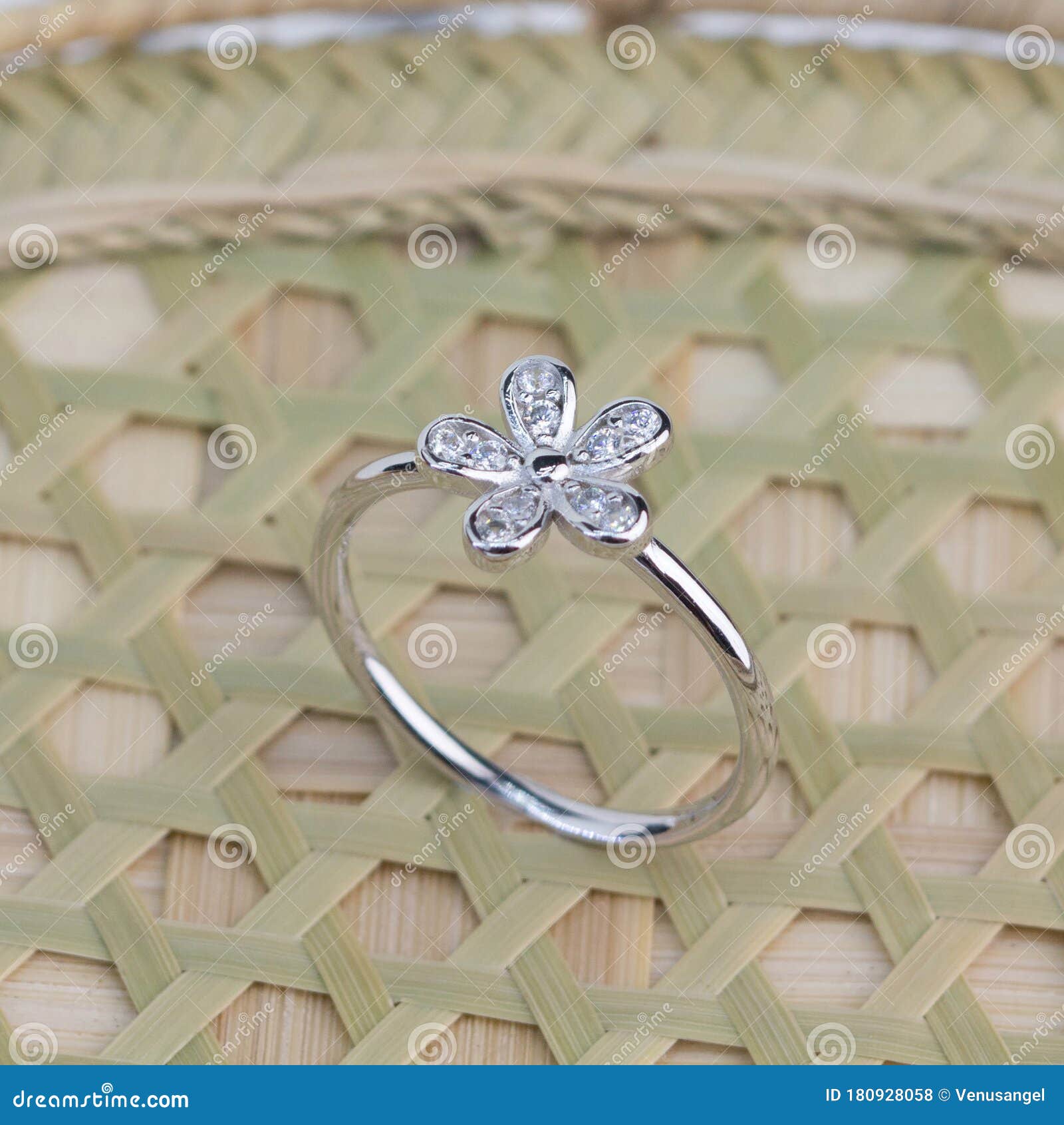 Cute Silver Ring in the Flower Shape Decorated with Diamond Stock Photo ...