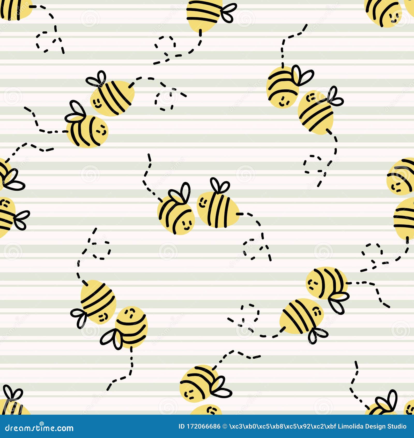 Cute Simple Stylized Bee Line Seamless Vector Pattern. Hand Drawn ...