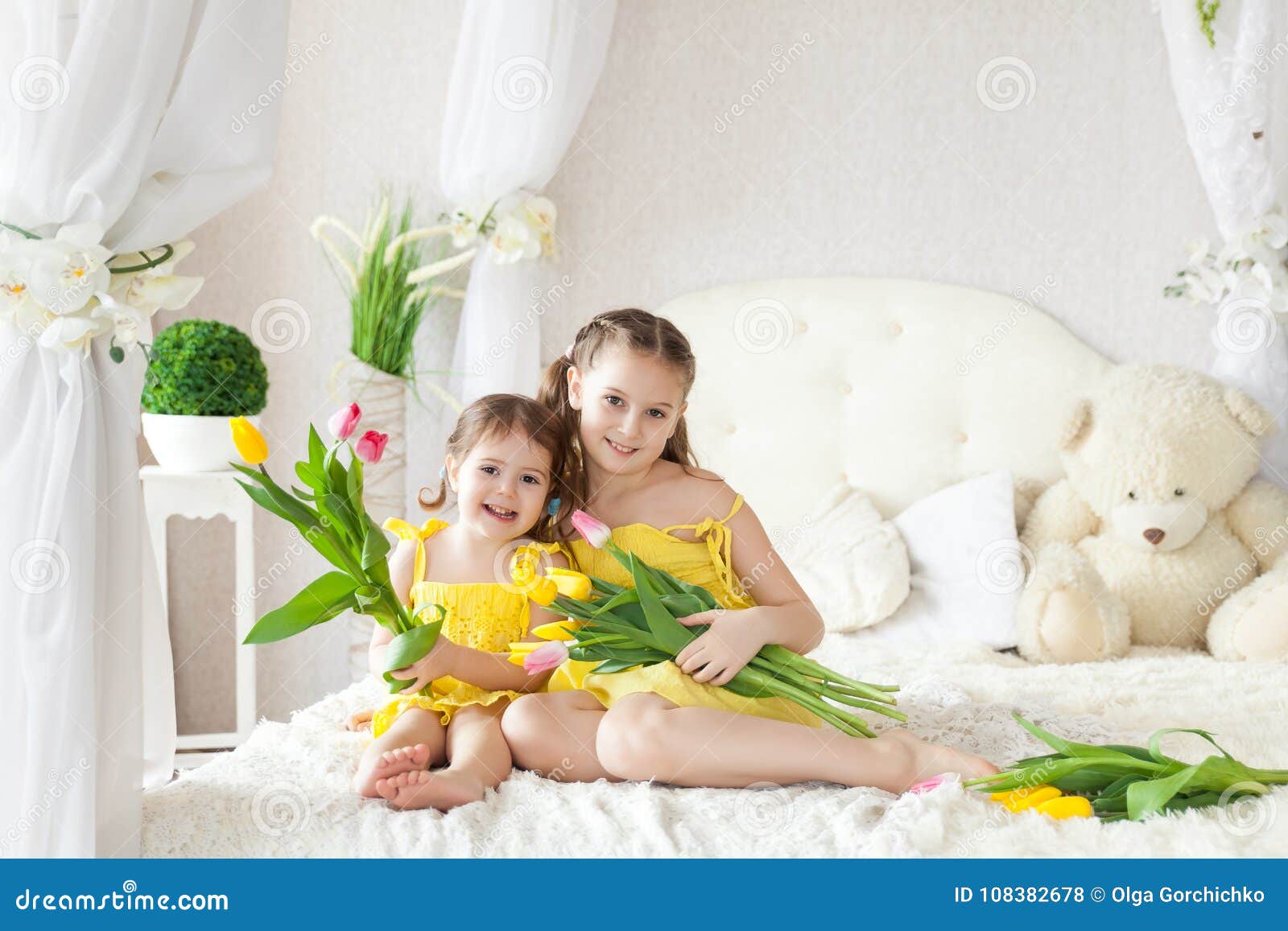 Cute Little Girls in Spring Studio Stock Photo - Image of portrait ...