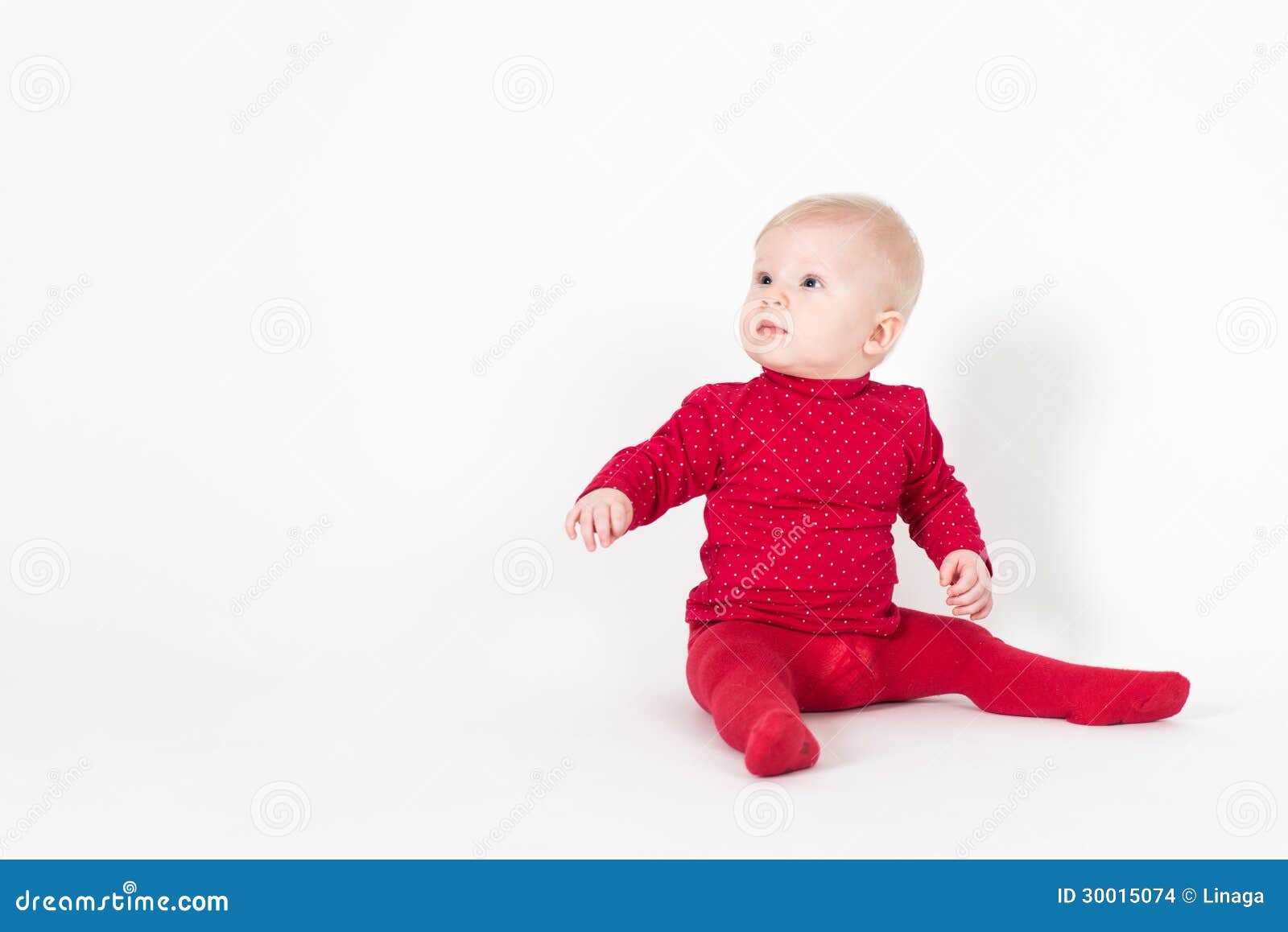 Cute Sitting Baby in Red on White Background Stock Photo - Image of ...