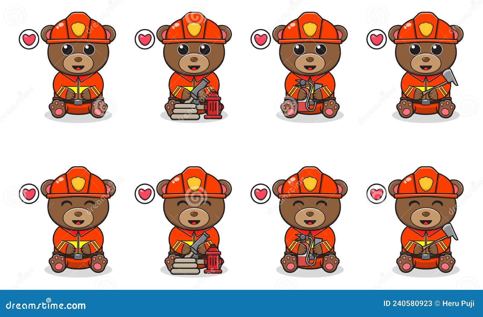 Vector Illustration of Cute Sitting Bear Cartoon with Firefighter ...