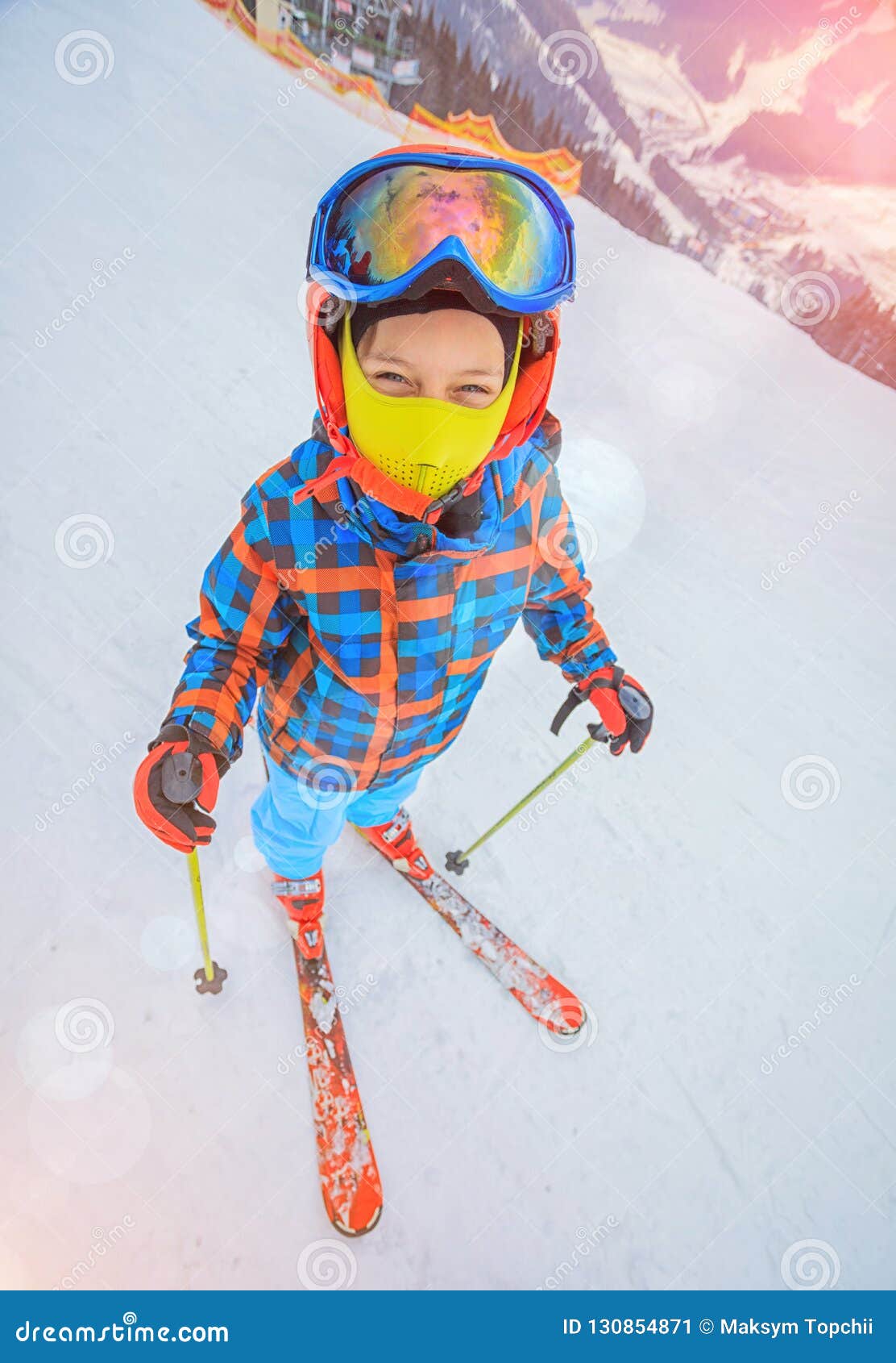 Cute Skier Boy in a Winter Ski Resort. Stock Image - Image of field ...