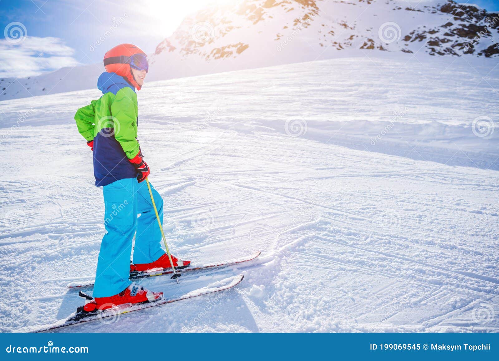 Cute Skier Boy in a Winter Ski Resort. Stock Image - Image of learning ...