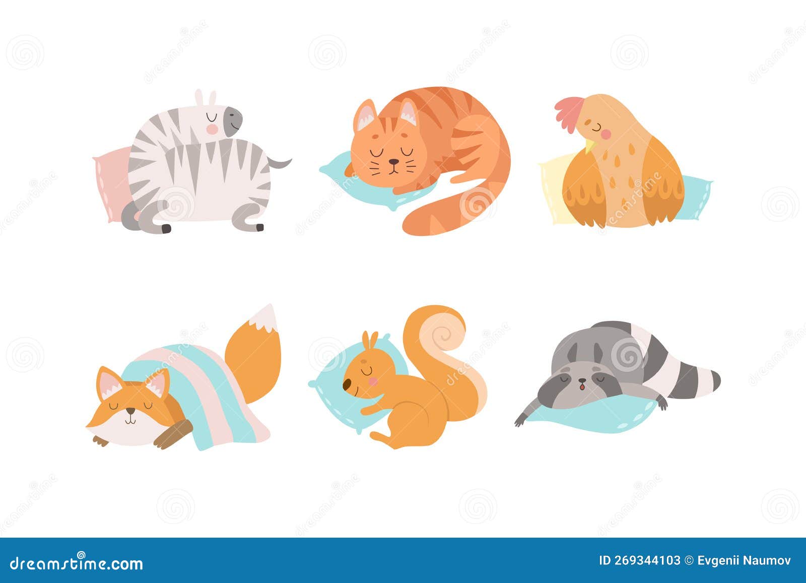 Cute Sleeping Animals Lying on Pillow Having Bedtime Rest Vector Set ...