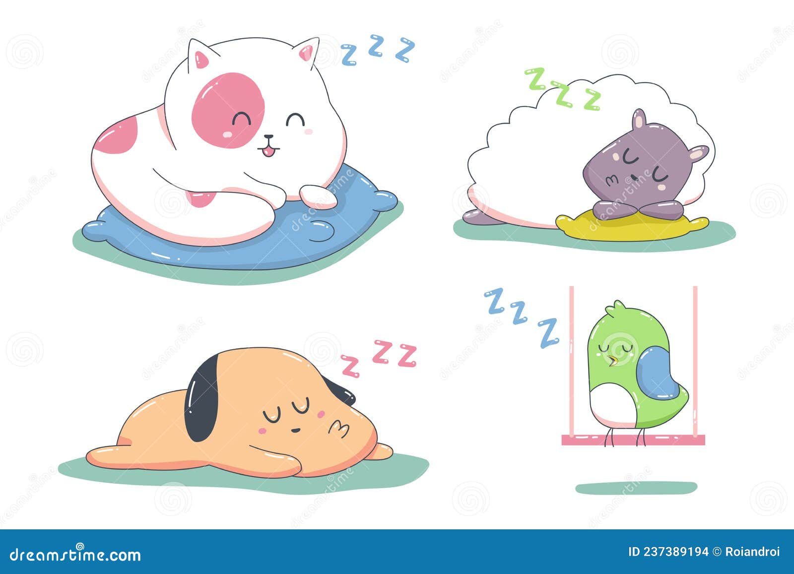 Cute Sleeping Animals Vector Cartoon Characters Set Stock Vector ...