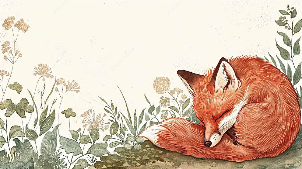 Cute Sleeping Fox Illustration with Copy Space Stock Illustration ...