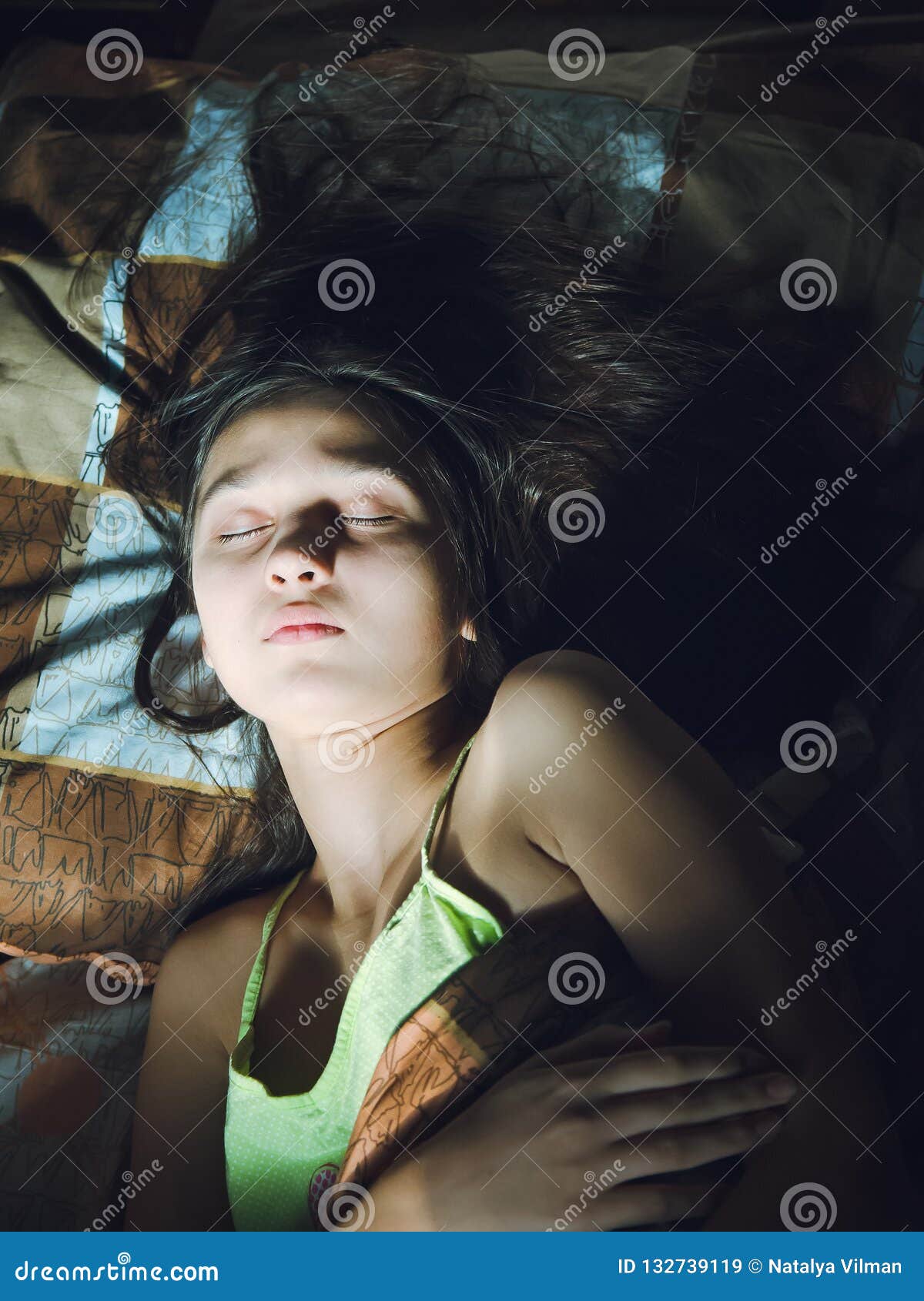 Cute sleeping girl in bed stock image. Image of medical - 132739119