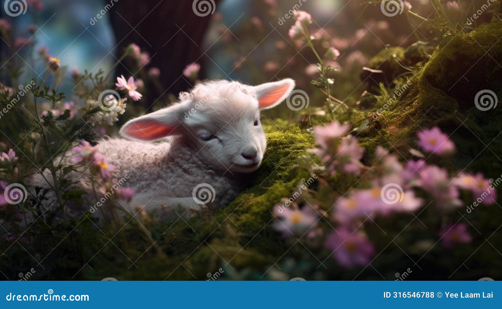 Cute Sleeping Lamb in Forest with Wildflowers, Ai Stock Illustration ...