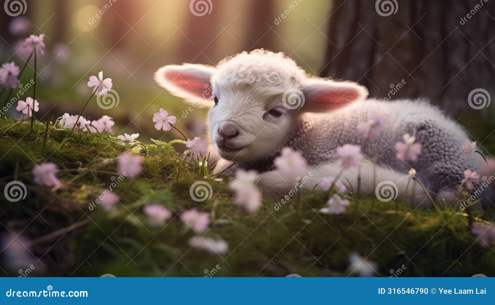 Cute Sleeping Lamb in Forest with Wildflowers, Ai Stock Illustration ...