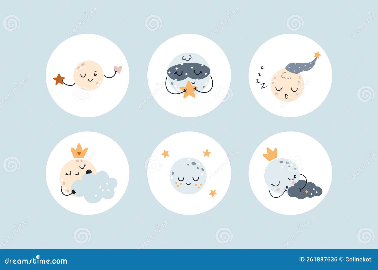 Cute Sleeping Moon Stickers Stock Vector - Illustration of drawn, dream ...