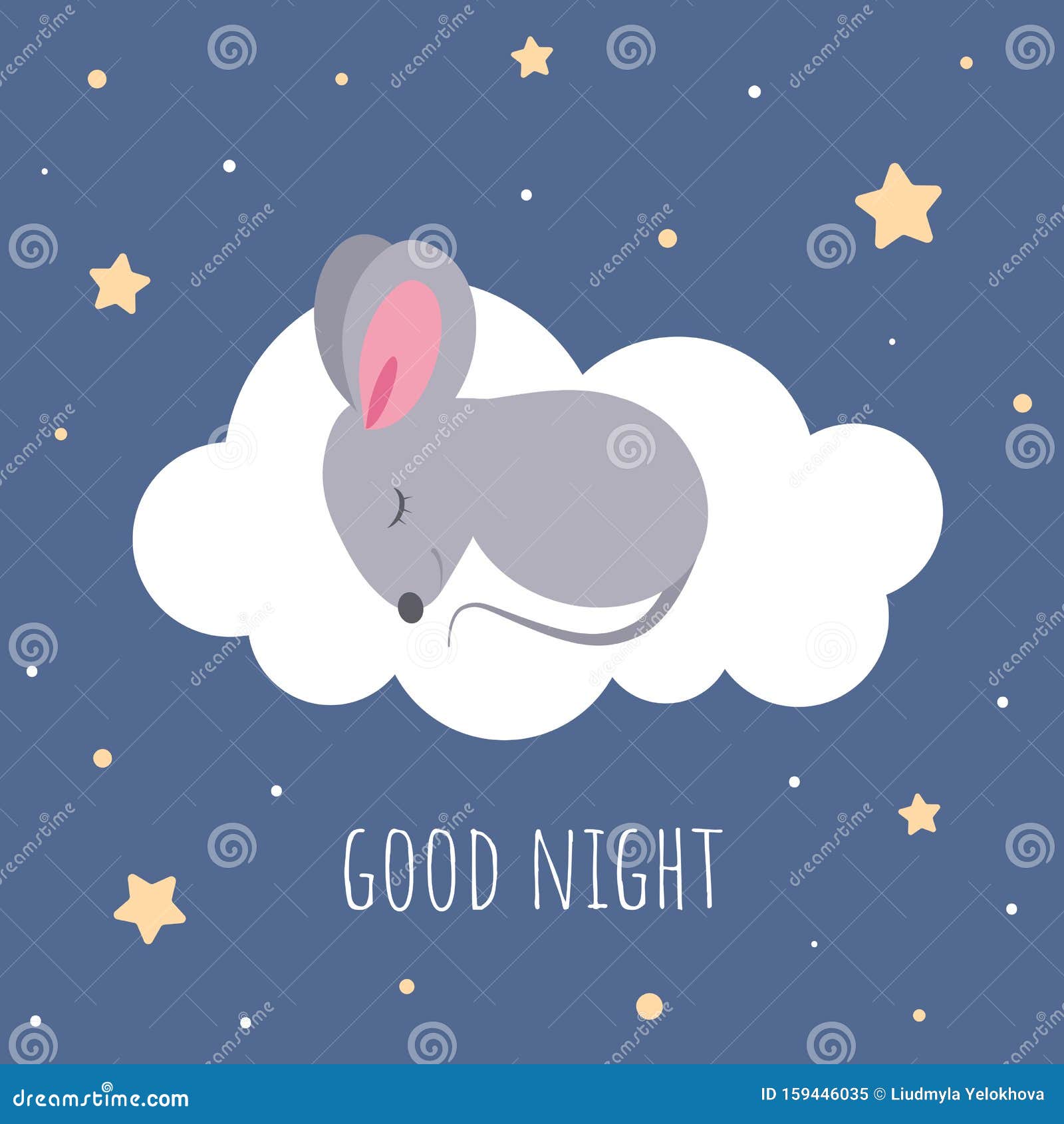 Cute Sleeping Mouse on Cloud in Flat Cartoon Style Stock Illustration ...
