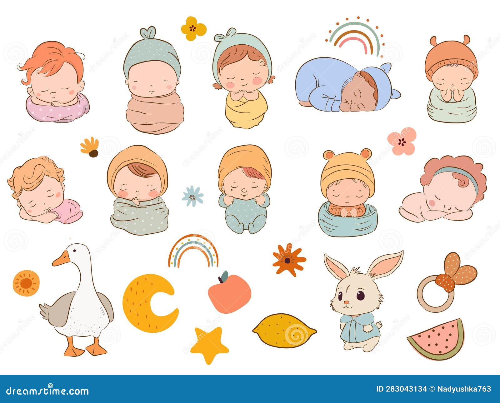 Cute Sleeping Newborn Babies Collection. Vector Illustration. Stock ...