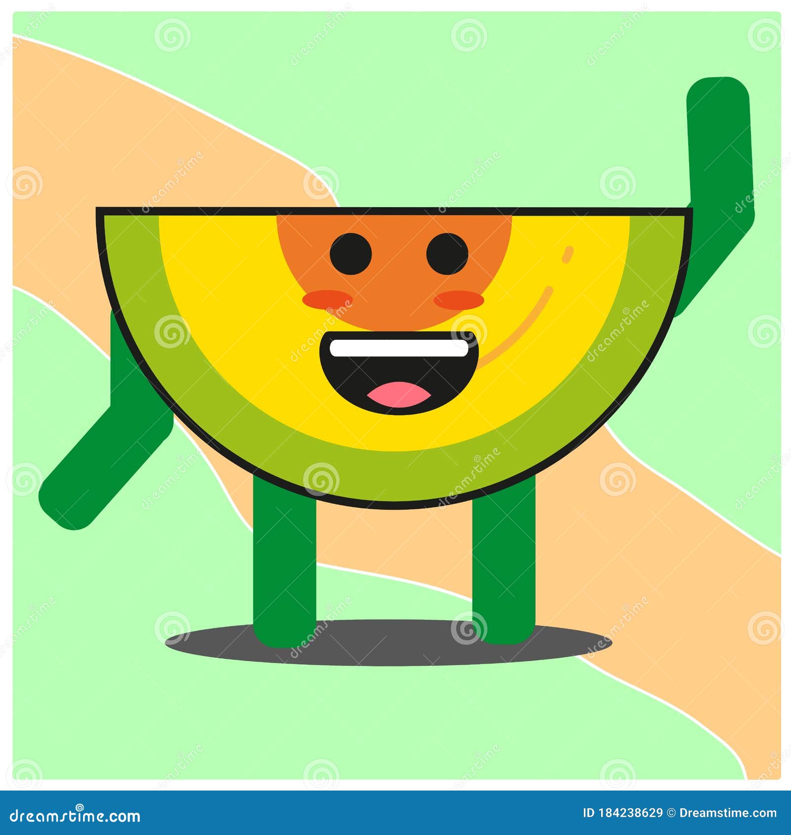 Cute Slice of Melon Fruit Cartoon Face Mascot Character with Hand and ...