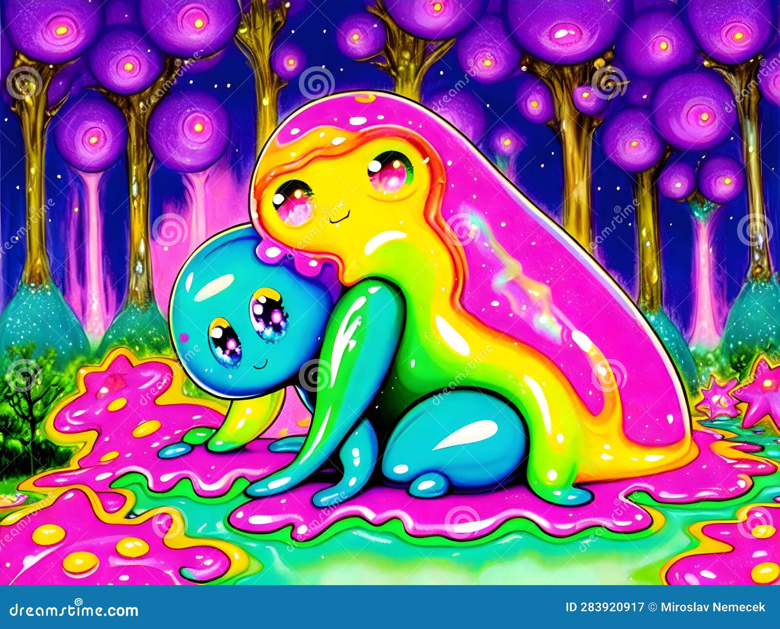 Cute Slime Creatures Celebrating, Generative AI Illustration Royalty ...