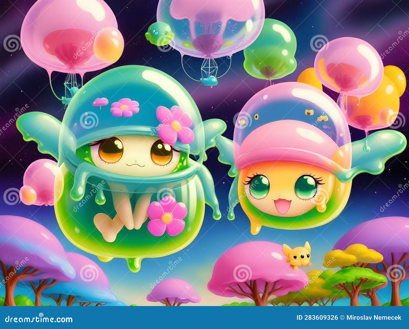 Cute Slime Creatures Flying, Generative AI Illustration Stock ...