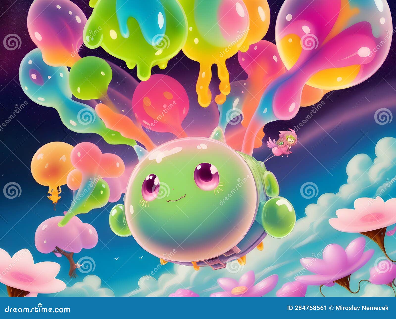 Cute Slime Creatures Flying, Generative AI Illustration Stock ...