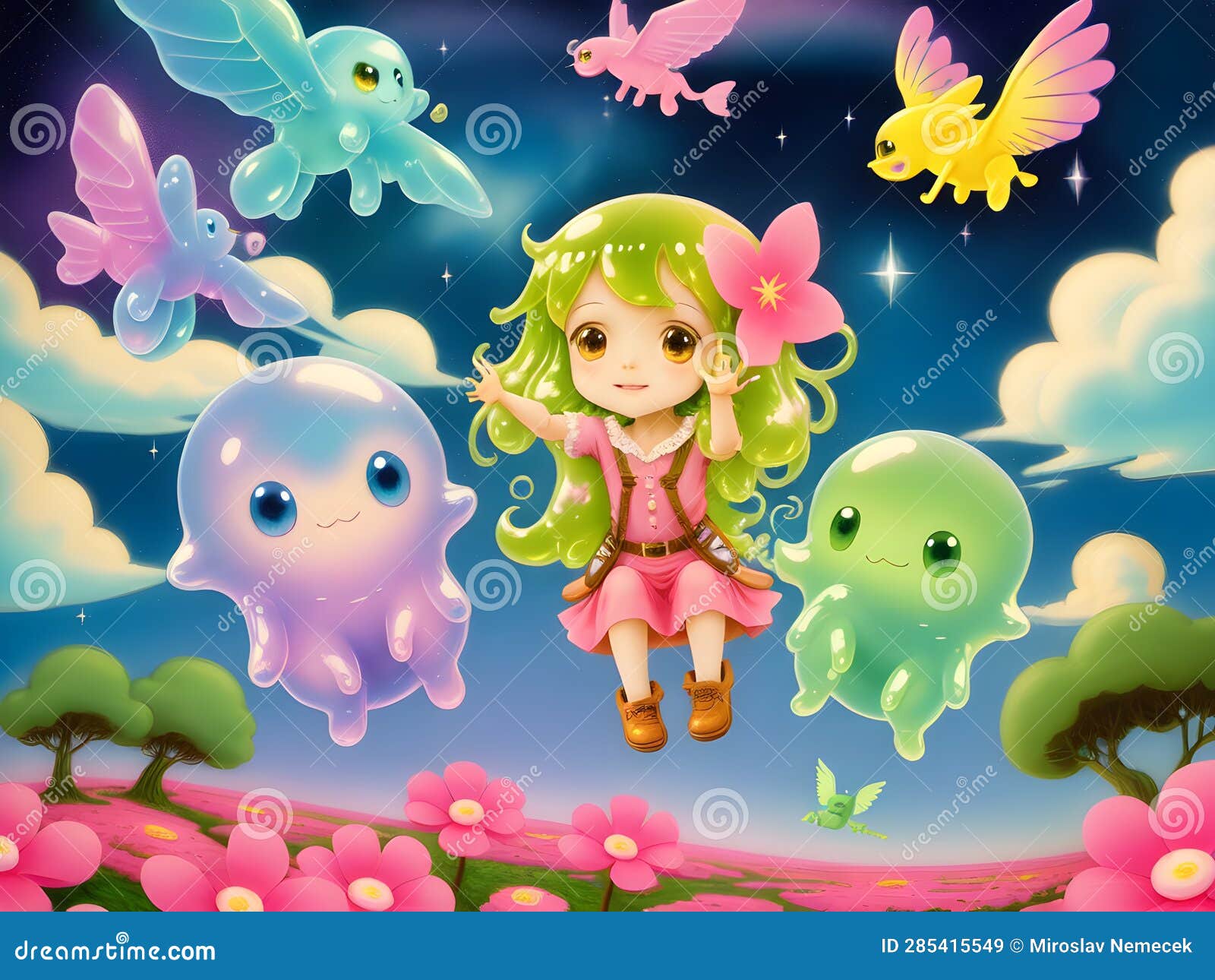 Cute Slime Creatures Flying, Generative AI Illustration Stock ...
