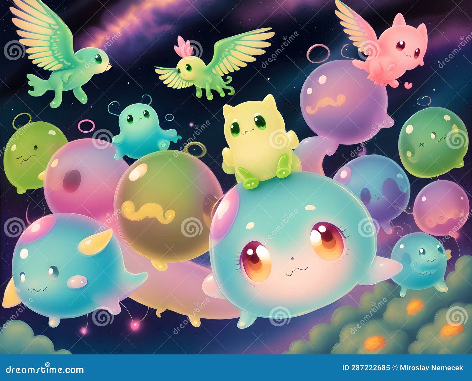 Cute Slime Creatures Flying, Generative AI Illustration Stock Image ...