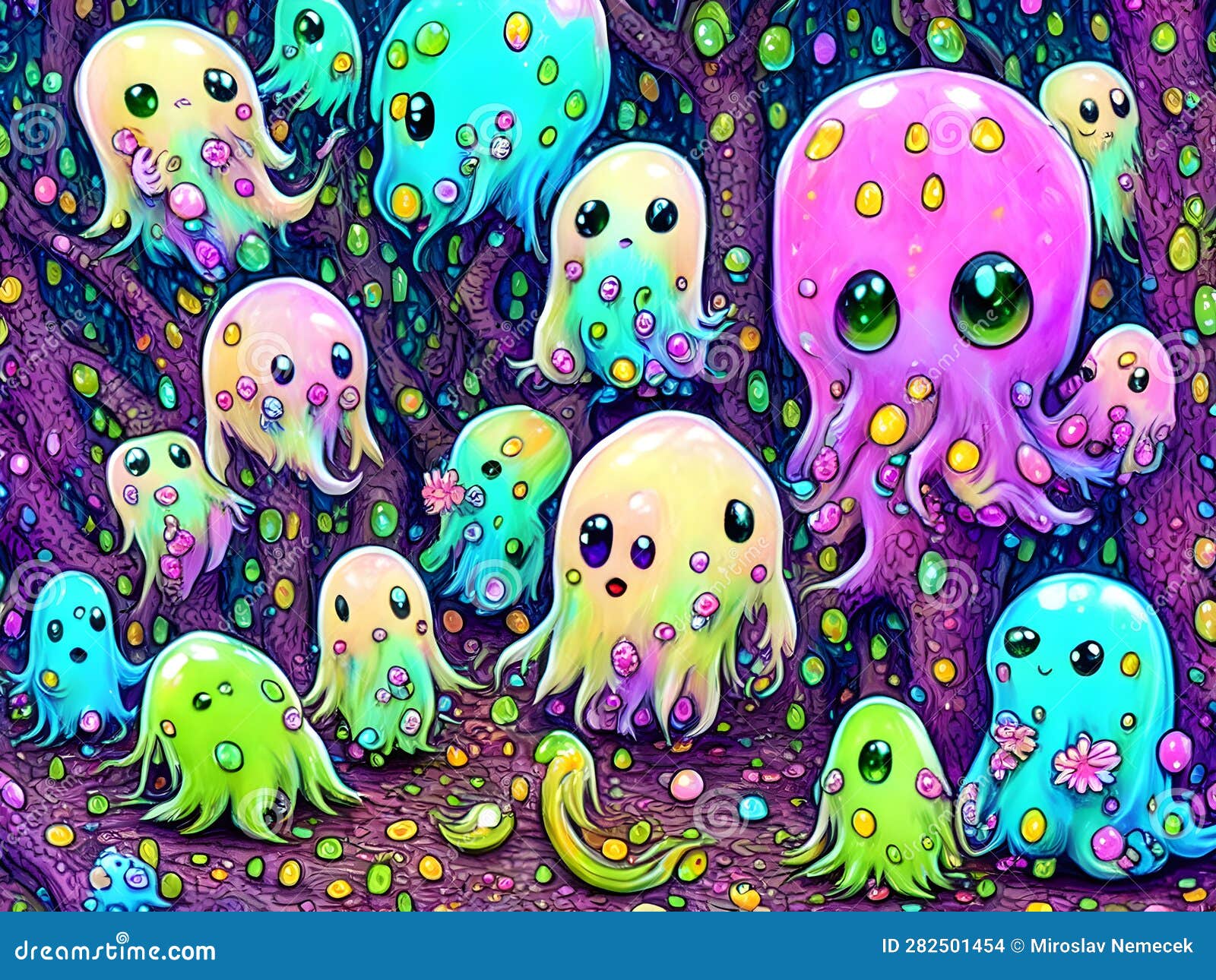 Cute Slime Creatures Ghosts, Generative AI Illustration Stock ...