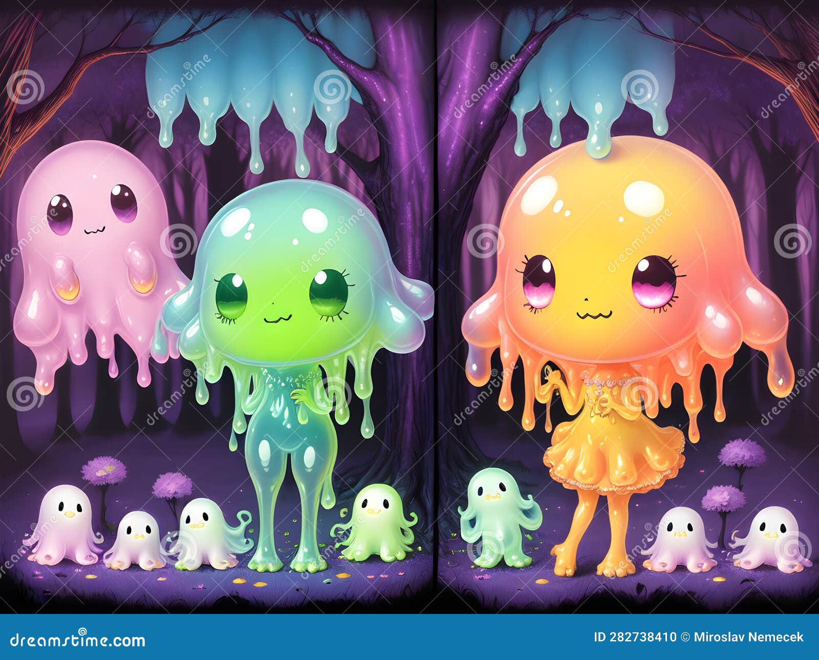 Cute Slime Creatures Ghosts, Generative AI Illustration Stock Illustration - Illustration of ...