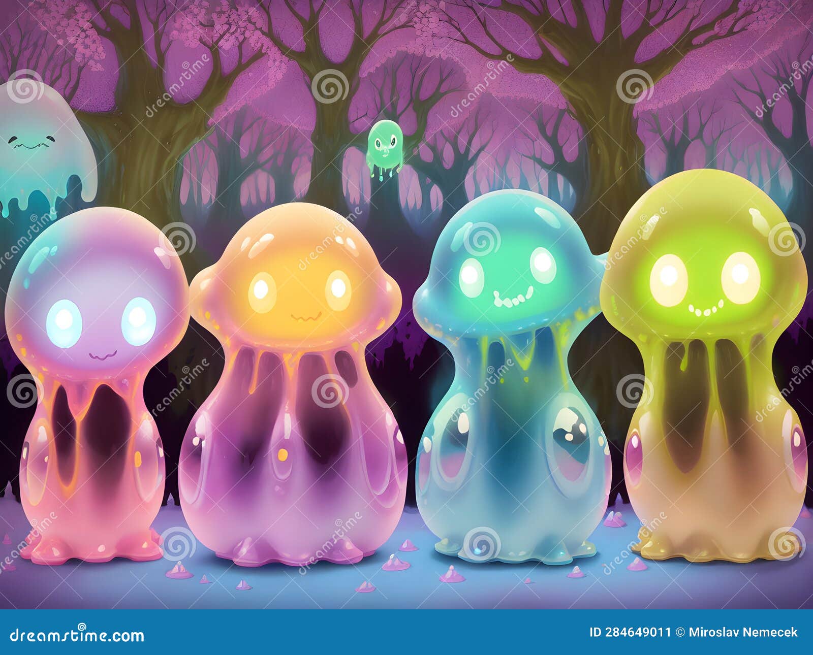 Cute Slime Creatures Ghosts, Generative AI Illustration Stock ...