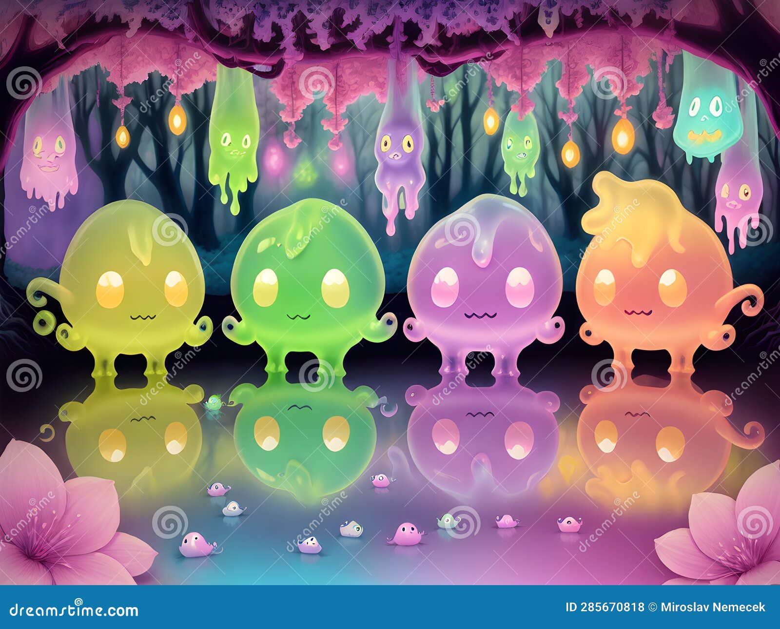 Cute Slime Creatures Ghosts, Generative AI Illustration Stock ...