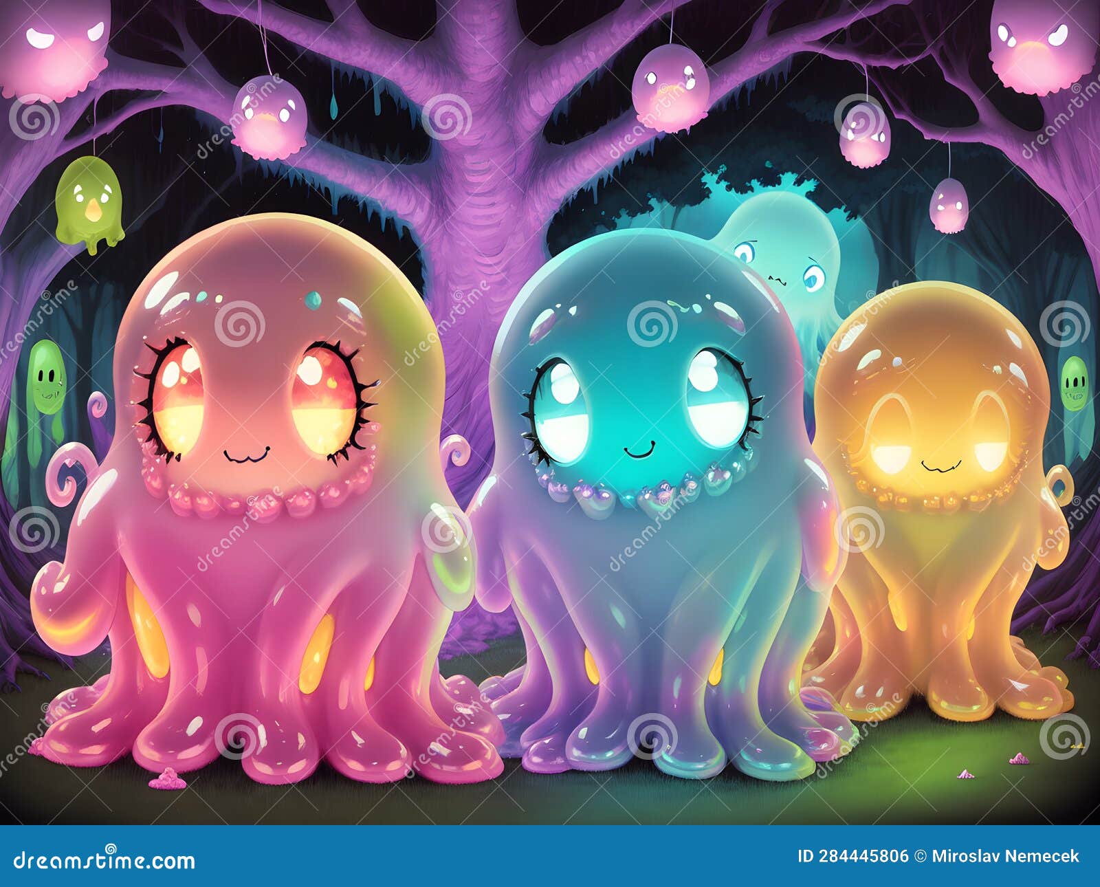 Cute Slime Creatures Ghosts, Generative AI Illustration Stock ...