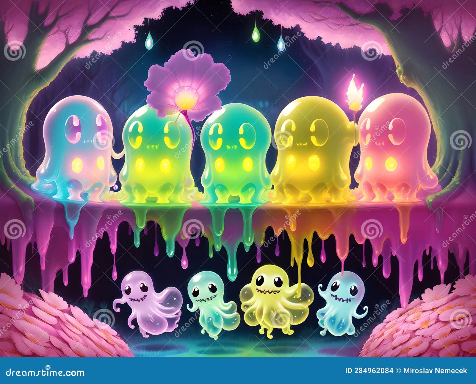 Cute Slime Creatures Ghosts, Generative AI Illustration Stock ...