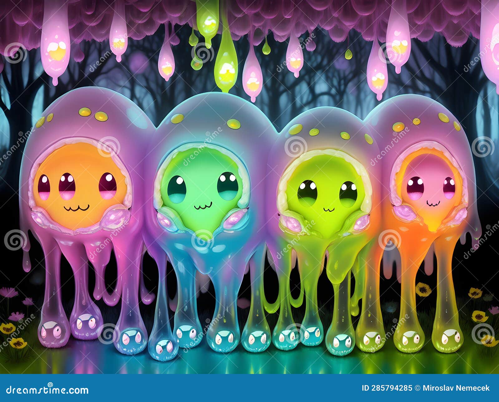 Cute Slime Creatures Ghosts, Generative AI Illustration Stock ...