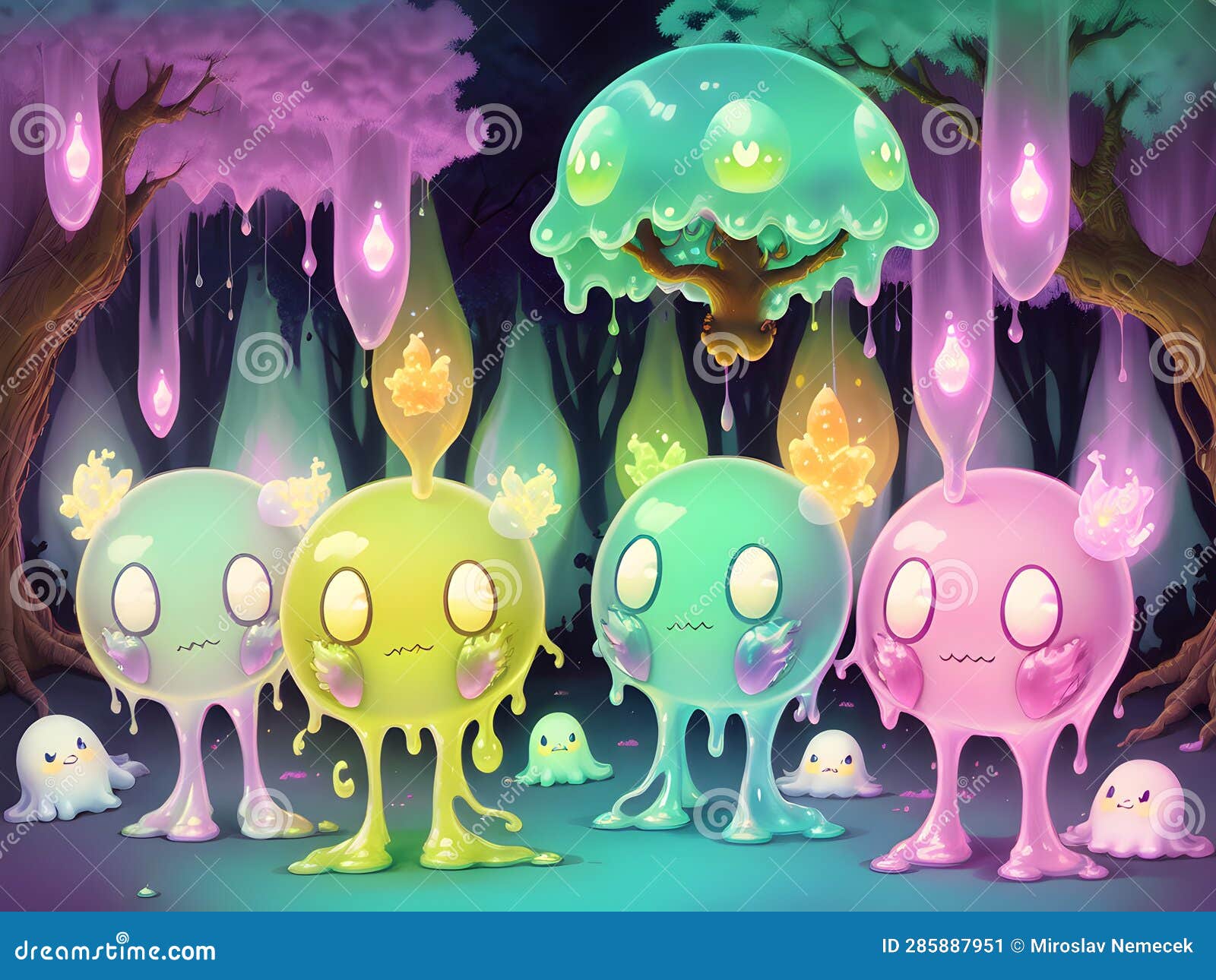 Cute Slime Creatures Ghosts, Generative AI Illustration Stock ...