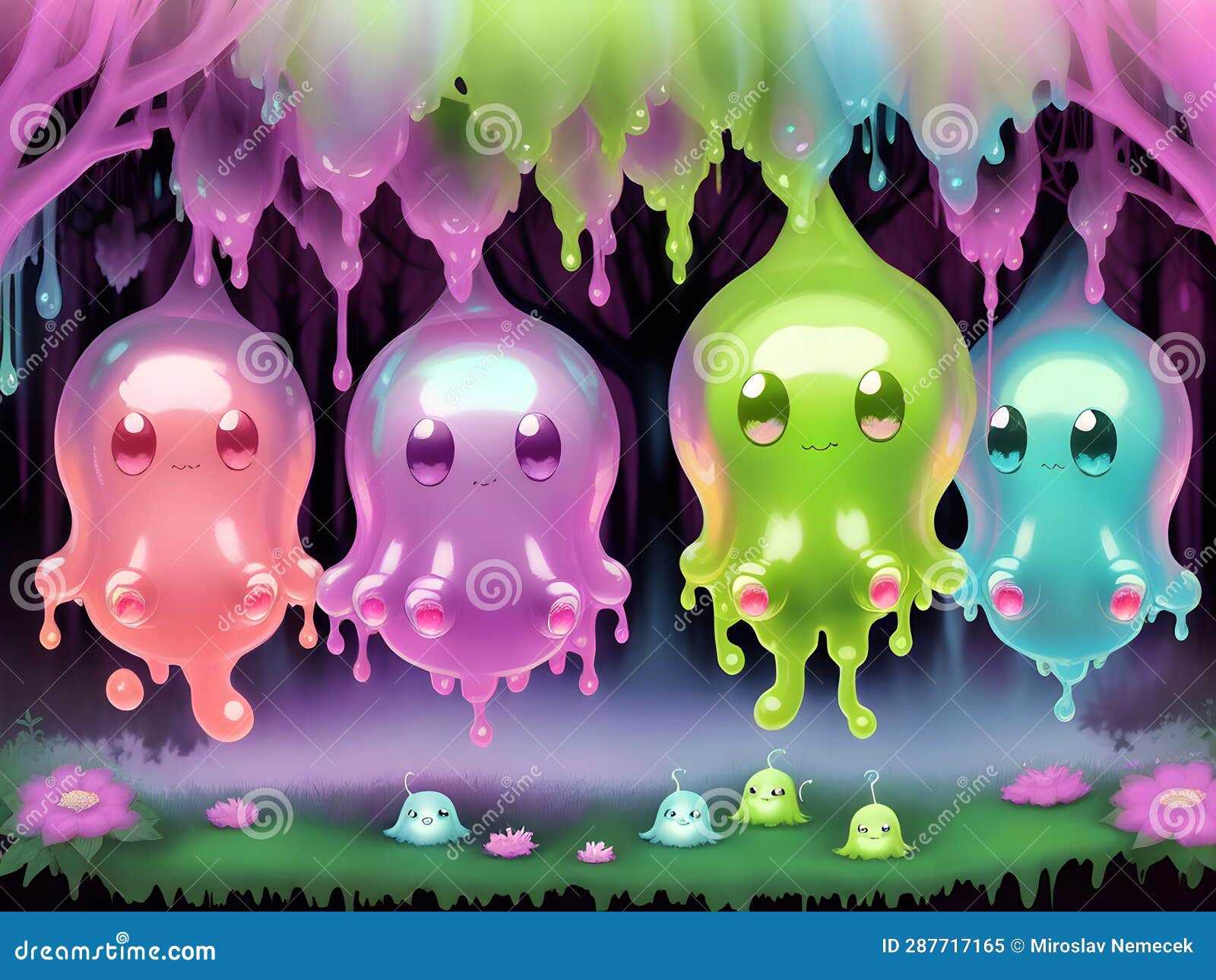 Cute Slime Creatures Ghosts, Generative AI Illustration Stock ...