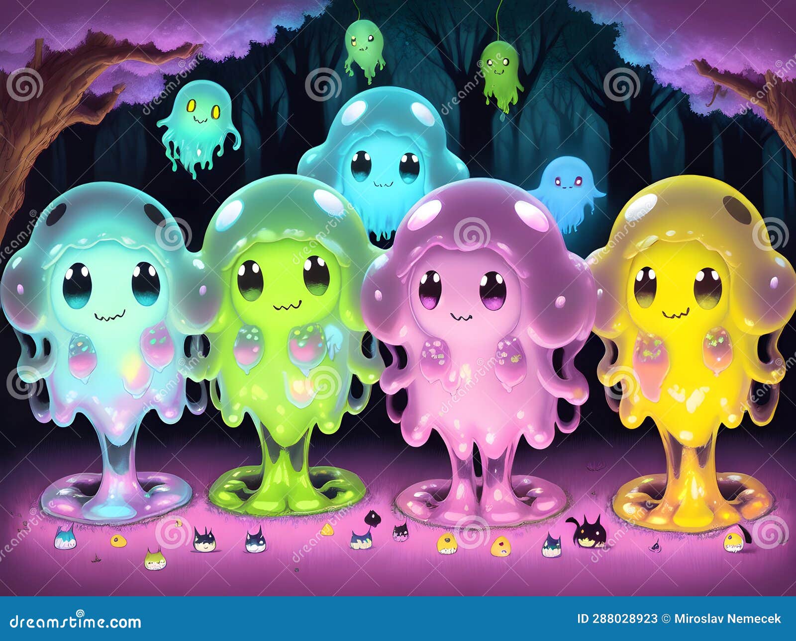 Cute Slime Creatures Ghosts, Generative AI Illustration Stock ...