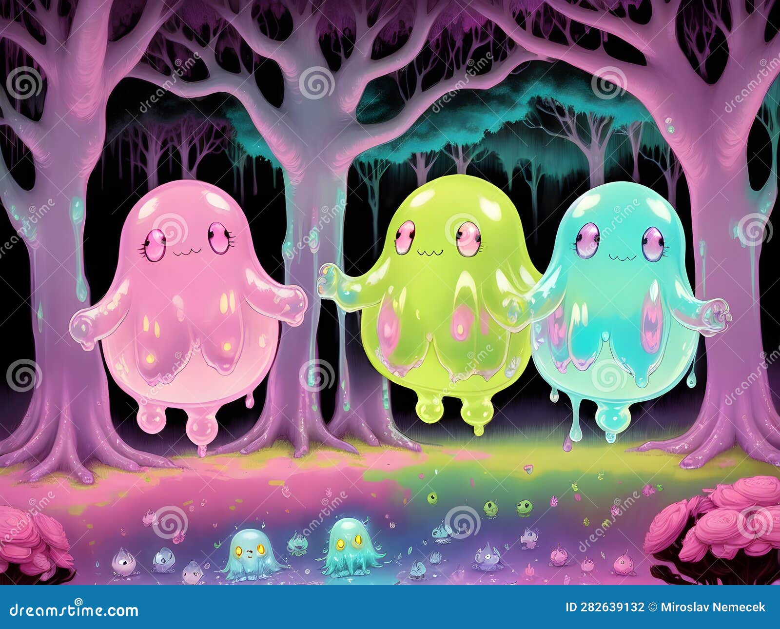 Cute Slime Creatures Ghosts, Generative AI Illustration Stock ...
