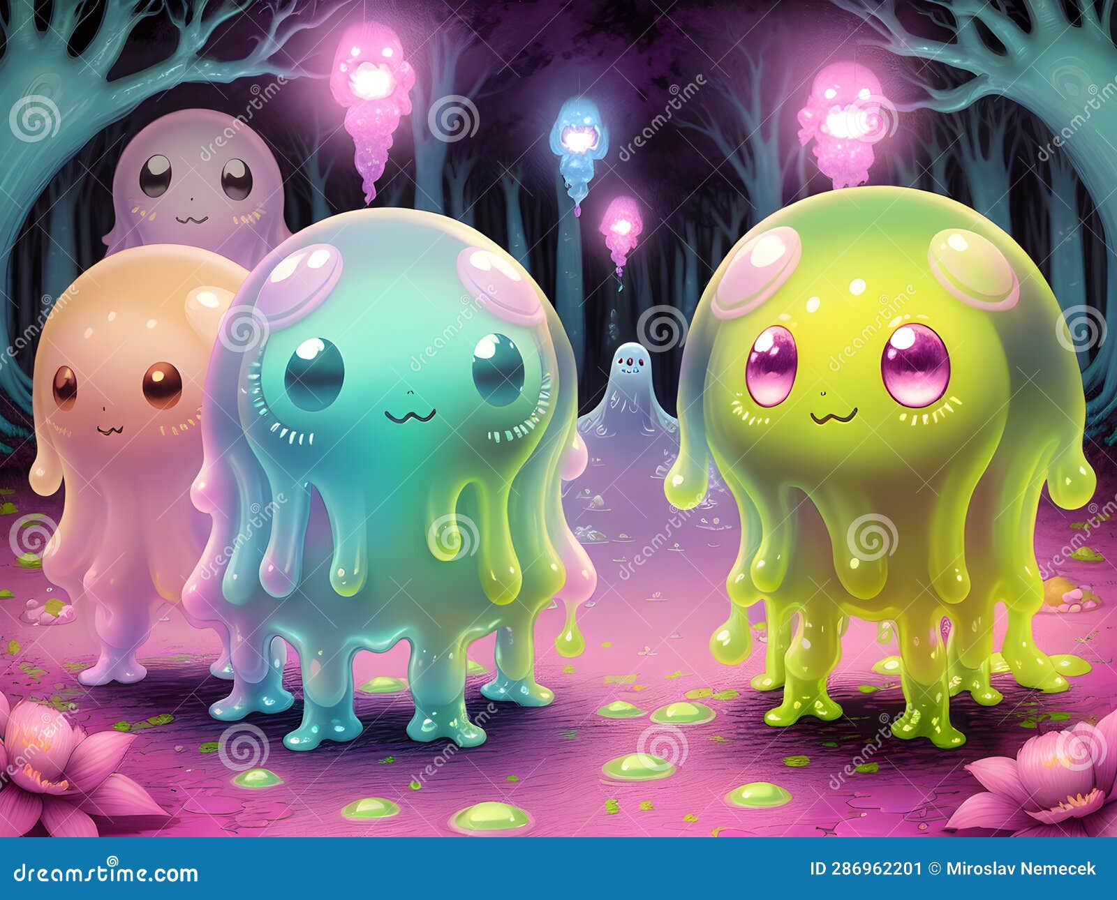 Cute Slime Creatures Ghosts, Generative AI Illustration Stock ...